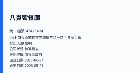 八貫饗餐廳的照片-統編 47423424(南投縣) 公司登記資料與營業項目詳細圖表