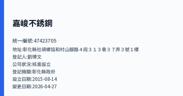 嘉峻不銹鋼的照片-統編 47423705(彰化縣) 公司登記資料與營業項目詳細圖表