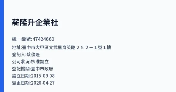 薪隆升企業社的照片-統編 47424660(臺中市) 公司登記資料與營業項目詳細圖表