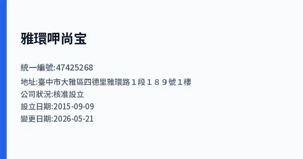雅環呷尚宝的照片-統編 47425268(臺中市) 公司登記資料與營業項目詳細圖表