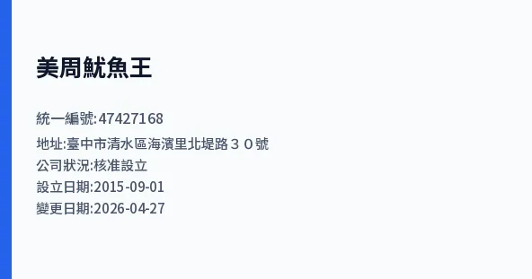 美周魷魚王的照片-統編 47427168(臺中市) 公司登記資料與營業項目詳細圖表