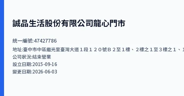 誠品生活股份有限公司龍心門市的照片-統編 47427786(臺中市) 公司登記資料與營業項目詳細圖表