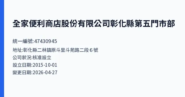 全家便利商店股份有限公司彰化縣第五門市部的照片-統編 47430945(彰化縣) 公司登記資料與營業項目詳細圖表
