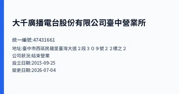 大千廣播電台股份有限公司臺中營業所的照片-統編 47431661(臺中市) 公司登記資料與營業項目詳細圖表