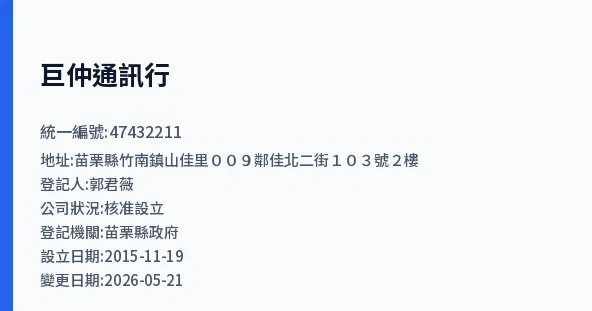 巨仲通訊行的照片-統編 47432211(苗栗縣) 公司登記資料與營業項目詳細圖表