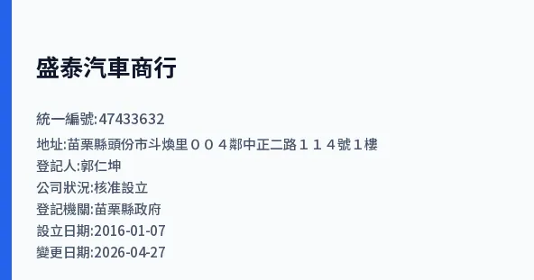 盛泰汽車商行的照片-統編 47433632(苗栗縣) 公司登記資料與營業項目詳細圖表