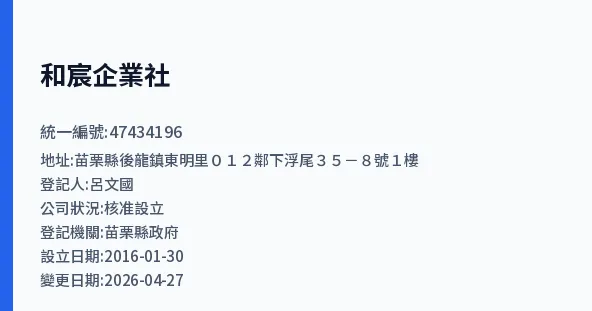 和宸企業社的照片-統編 47434196(苗栗縣) 公司登記資料與營業項目詳細圖表