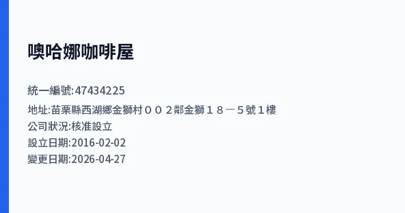 噢哈娜咖啡屋的照片-統編 47434225(苗栗縣) 公司登記資料與營業項目詳細圖表