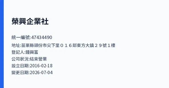 榮興企業社的照片-統編 47434490(苗栗縣) 公司登記資料與營業項目詳細圖表