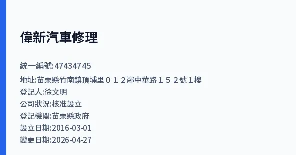 偉新汽車修理的照片-統編 47434745(苗栗縣) 公司登記資料與營業項目詳細圖表