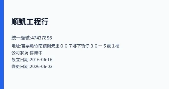 順凱工程行的照片-統編 47437898(苗栗縣) 公司登記資料與營業項目詳細圖表