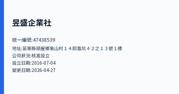 昱盛企業社的照片-統編 47438539(苗栗縣) 公司登記資料與營業項目詳細圖表