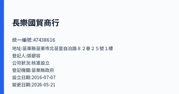 長樂國貿商行的照片-統編 47438616(苗栗縣) 公司登記資料與營業項目詳細圖表