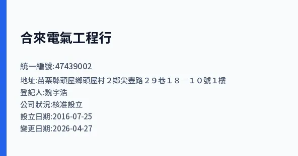 合來電氣工程行的照片-統編 47439002(苗栗縣) 公司登記資料與營業項目詳細圖表