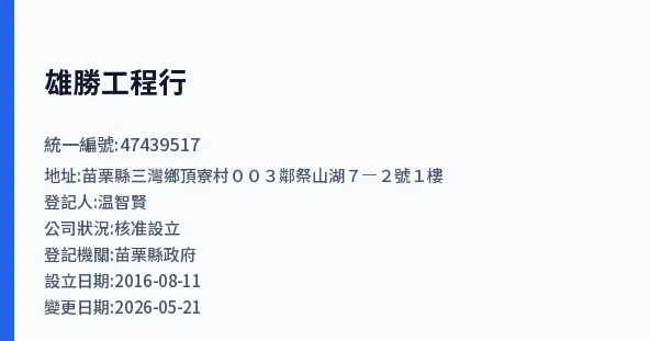 雄勝工程行的照片-統編 47439517(苗栗縣) 公司登記資料與營業項目詳細圖表