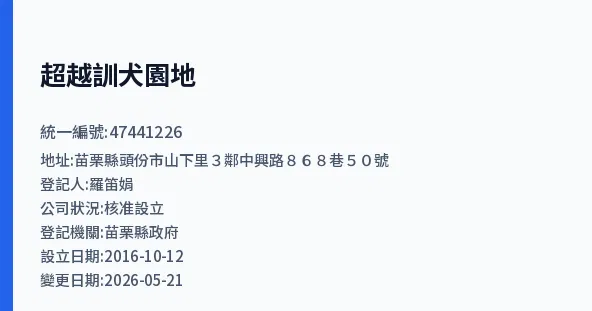 超越訓犬園地的照片-統編 47441226(苗栗縣) 公司登記資料與營業項目詳細圖表