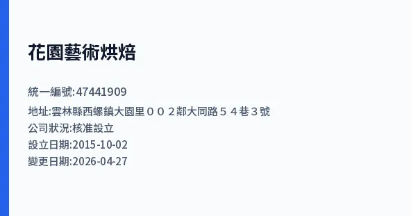 花園藝術烘焙的照片-統編 47441909(雲林縣) 公司登記資料與營業項目詳細圖表