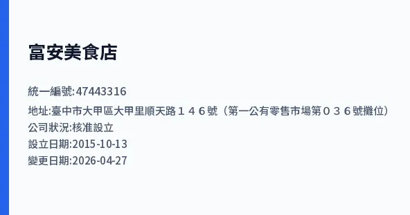 富安美食店的照片-統編 47443316(臺中市) 公司登記資料與營業項目詳細圖表