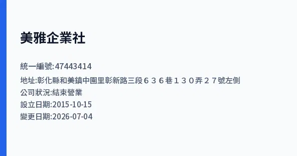 美雅企業社的照片-統編 47443414(彰化縣) 公司登記資料與營業項目詳細圖表