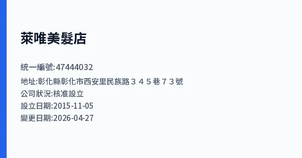 萊唯美髮店的照片-統編 47444032(彰化縣) 公司登記資料與營業項目詳細圖表