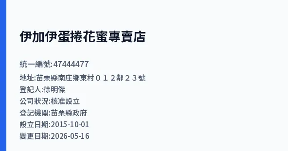 伊加伊蛋捲花蜜專賣店的照片-統編 47444477(苗栗縣) 公司登記資料與營業項目詳細圖表