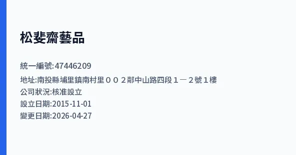 松斐齋藝品的照片-統編 47446209(南投縣) 公司登記資料與營業項目詳細圖表