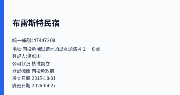 布雷斯特民宿的照片-統編 47447208(南投縣) 公司登記資料與營業項目詳細圖表