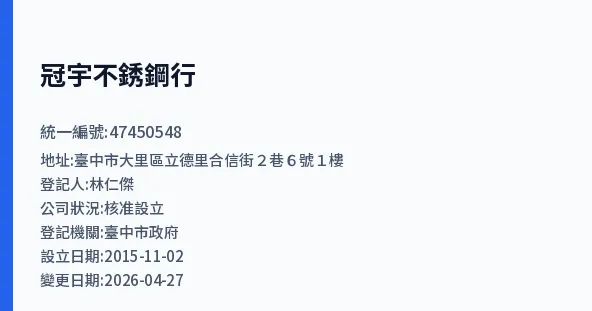 冠宇不銹鋼行的照片-統編 47450548(臺中市) 公司登記資料與營業項目詳細圖表