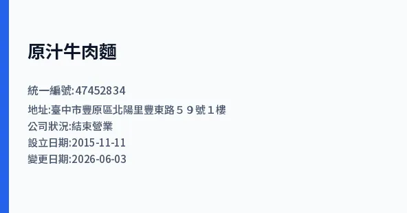 原汁牛肉麵的照片-統編 47452834(臺中市) 公司登記資料與營業項目詳細圖表