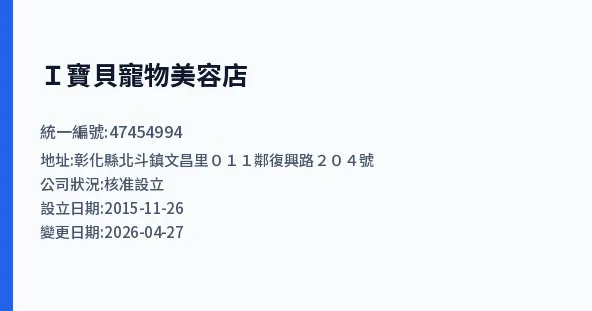 I寶貝寵物美容店的照片-統編 47454994(彰化縣) 公司登記資料與營業項目詳細圖表