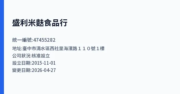 盛利米麩食品行的照片-統編 47455282(臺中市) 公司登記資料與營業項目詳細圖表