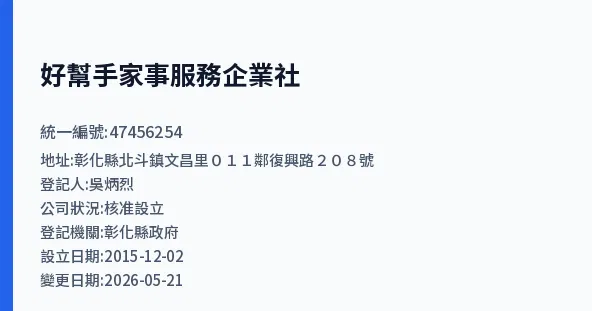好幫手家事服務企業社的照片-統編 47456254(彰化縣) 公司登記資料與營業項目詳細圖表