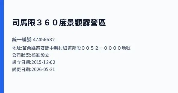 司馬限360度景觀露營區的照片-統編 47456682(苗栗縣) 公司登記資料與營業項目詳細圖表