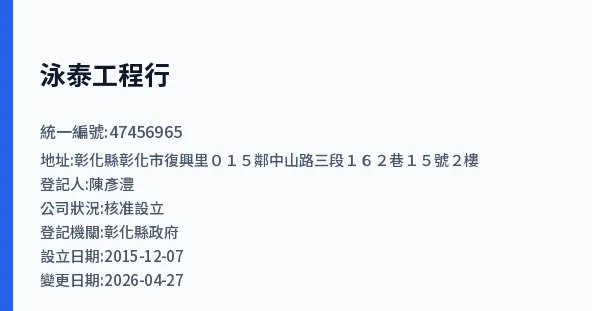 泳泰工程行的照片-統編 47456965(彰化縣) 公司登記資料與營業項目詳細圖表