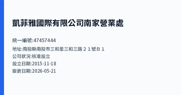 凱菲雅國際有限公司南家營業處的照片-統編 47457444(南投縣) 公司登記資料與營業項目詳細圖表