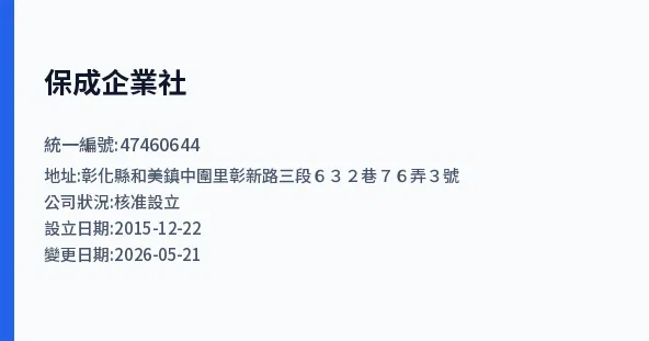 保成企業社的照片-統編 47460644(彰化縣) 公司登記資料與營業項目詳細圖表