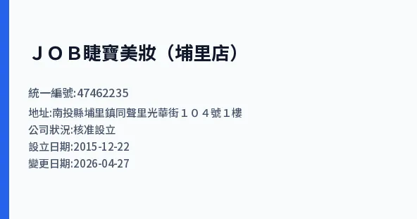 JOB睫寶美妝(埔里店)的照片-統編 47462235(南投縣) 公司登記資料與營業項目詳細圖表