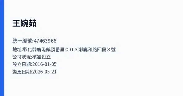 王婉茹的照片-統編 47463966(彰化縣) 公司登記資料與營業項目詳細圖表