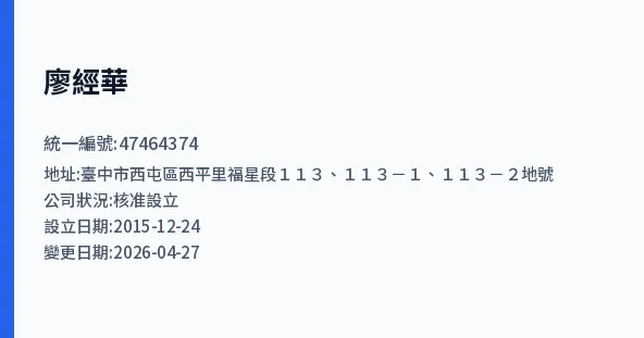 廖經華的照片-統編 47464374(臺中市) 公司登記資料與營業項目詳細圖表