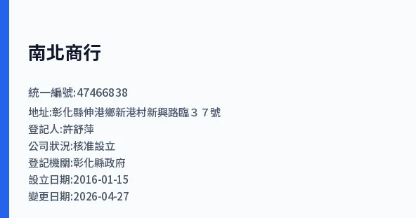 南北商行的照片-統編 47466838(彰化縣) 公司登記資料與營業項目詳細圖表