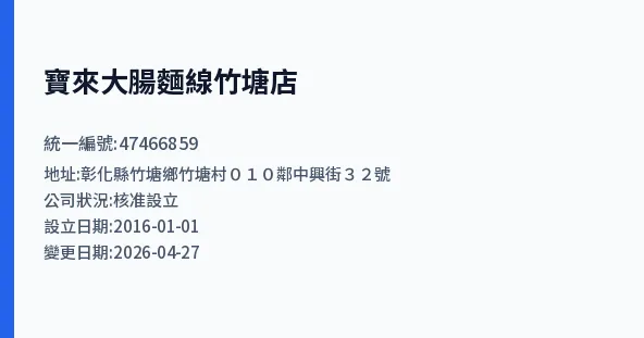 寶來大腸麵線竹塘店的照片-統編 47466859(彰化縣) 公司登記資料與營業項目詳細圖表