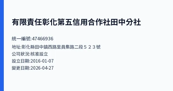 有限責任彰化第五信用合作社田中分社的照片-統編 47466936(彰化縣) 公司登記資料與營業項目詳細圖表