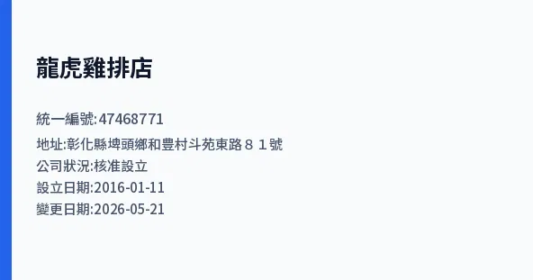 龍虎雞排店的照片-統編 47468771(彰化縣) 公司登記資料與營業項目詳細圖表