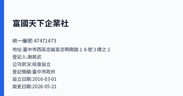 富國天下企業社的照片-統編 47471473(臺中市) 公司登記資料與營業項目詳細圖表