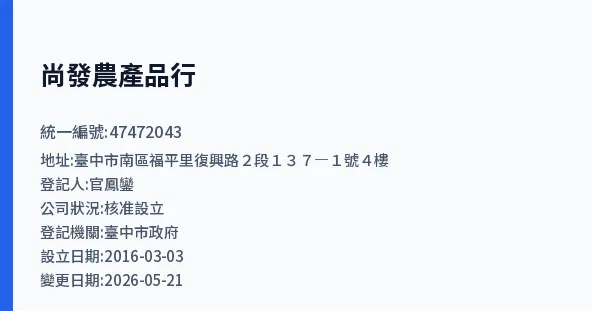 尚發農產品行的照片-統編 47472043(臺中市) 公司登記資料與營業項目詳細圖表