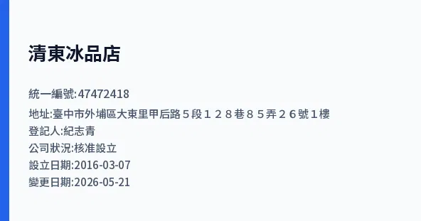 清東冰品店的照片-統編 47472418(臺中市) 公司登記資料與營業項目詳細圖表