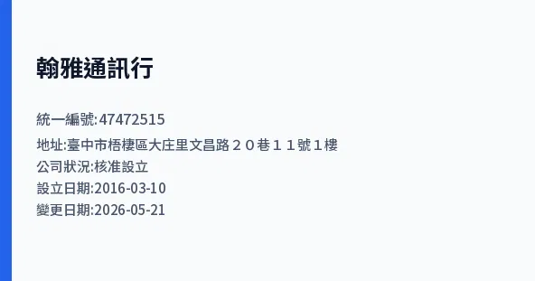 翰雅通訊行的照片-統編 47472515(臺中市) 公司登記資料與營業項目詳細圖表