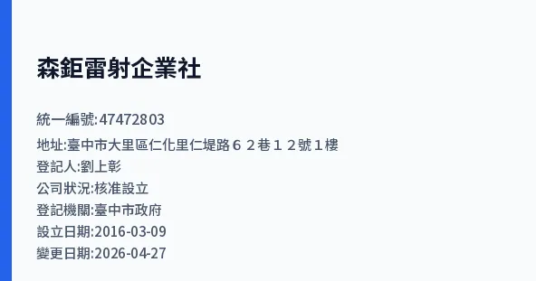 森鉅雷射企業社的照片-統編 47472803(臺中市) 公司登記資料與營業項目詳細圖表
