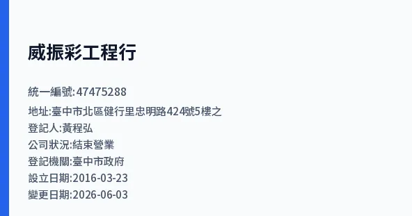 威振彩工程行的照片-統編 47475288(臺中市) 公司登記資料與營業項目詳細圖表