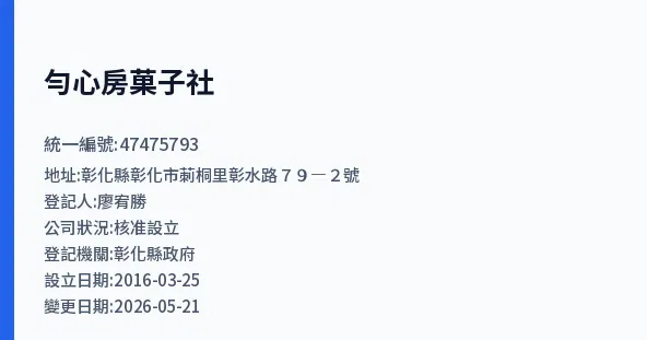 勻心房菓子社的照片-統編 47475793(彰化縣) 公司登記資料與營業項目詳細圖表